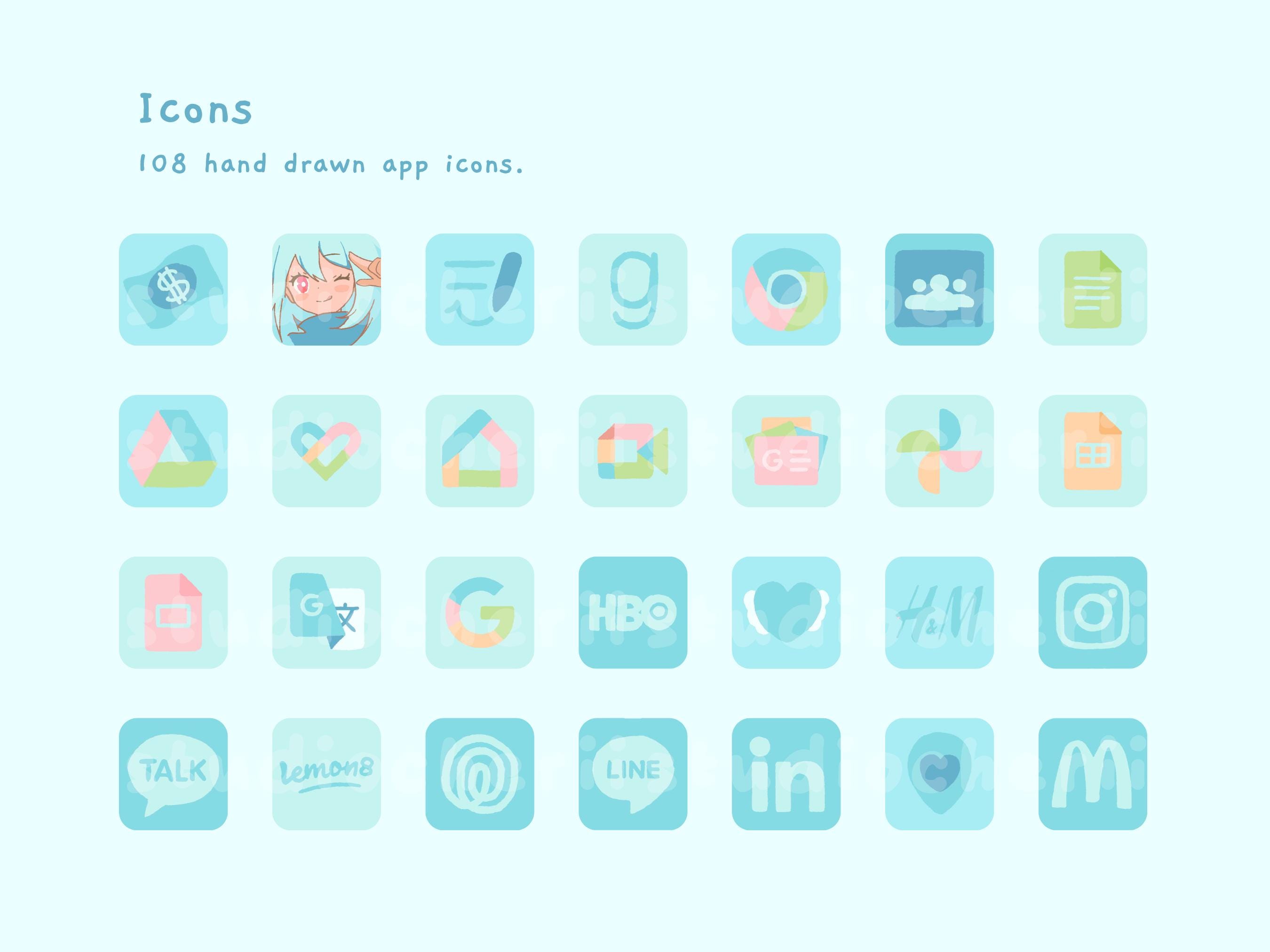Cute Blue Ios and Android App Icon Set | Home Screen Theme | Widget ...
