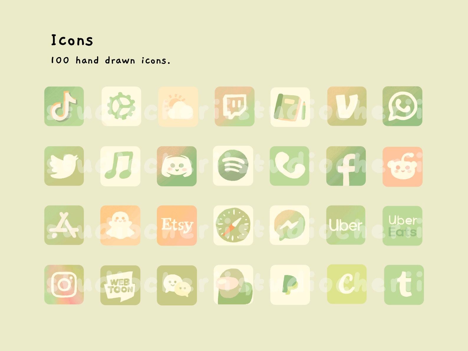 Cute Green Hand Drawn Ios & Android App Icons | Home Screen Set | App ...