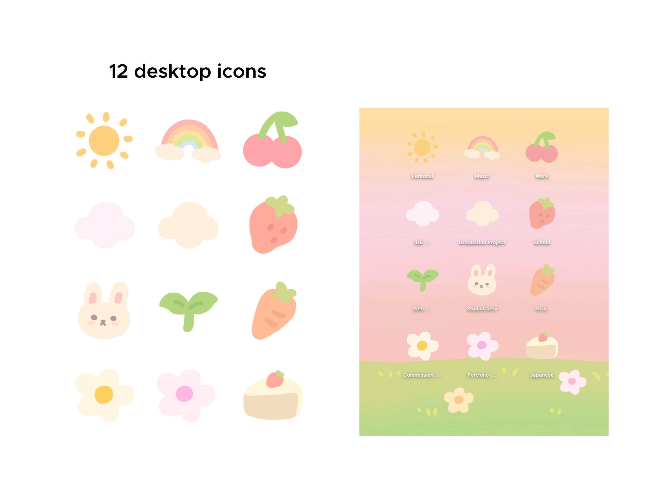 Cute Sunset Bunny Desktop Set 12 Digital Icons Wallpaper - Etsy