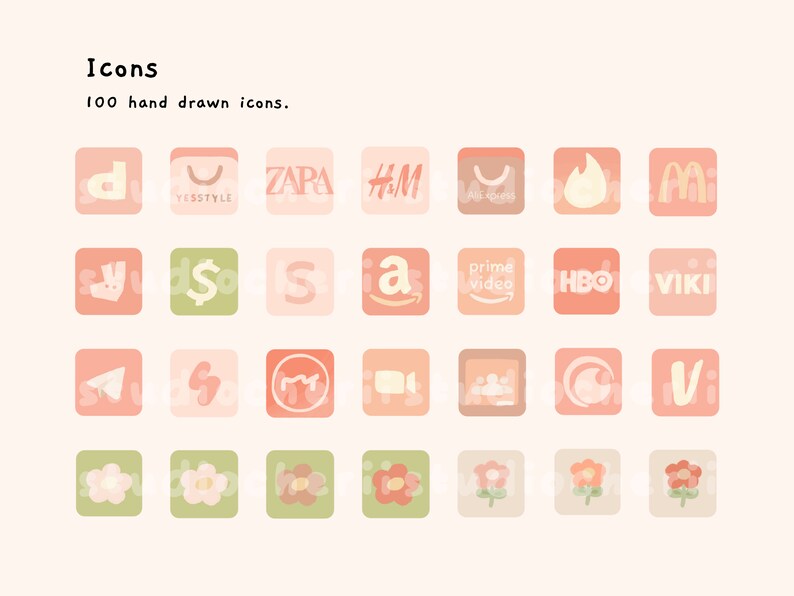Cute Peach Orange Hand Drawn Ios & Android App Icons Home - Etsy