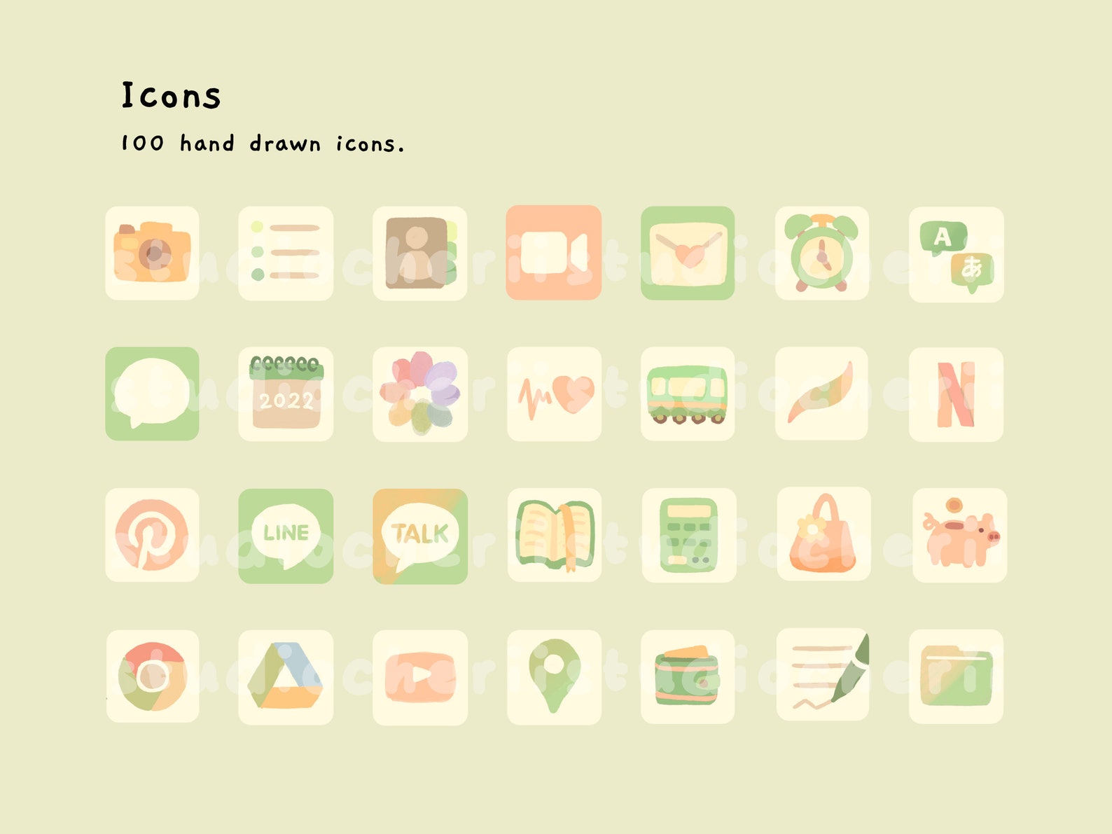 Cute Green Hand Drawn Ios & Android App Icons | Home Screen Set | App ...