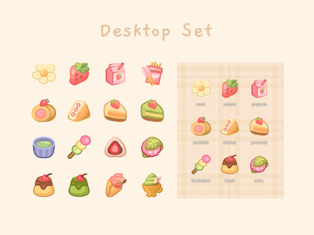 Cute Desktop Set | 16 Icons + Wallpaper | Japanese Sweets | Macos and ...