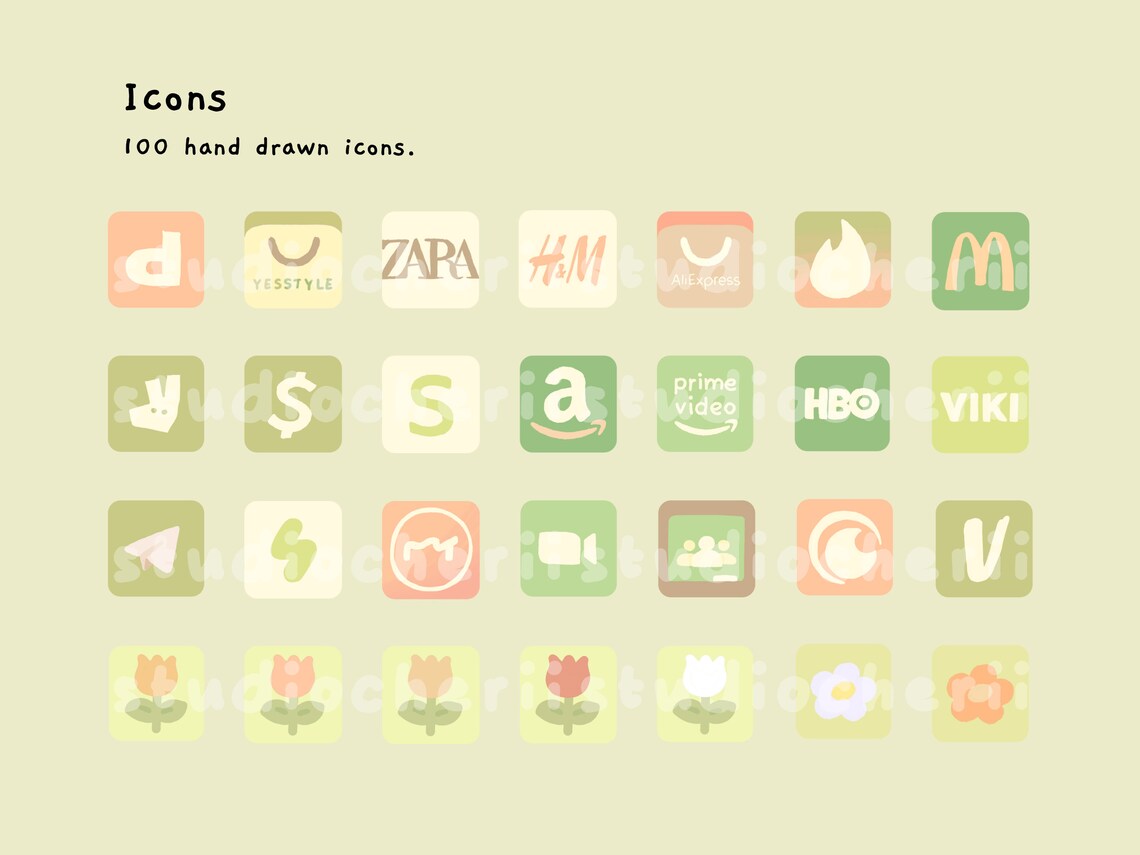 Cute Green Hand Drawn Ios & Android App Icons Home Screen - Etsy