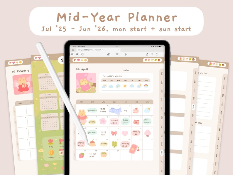 Cute Digital JUL '25 - JUN '26 Mid-year Dated + Undated Planner - Mon ...