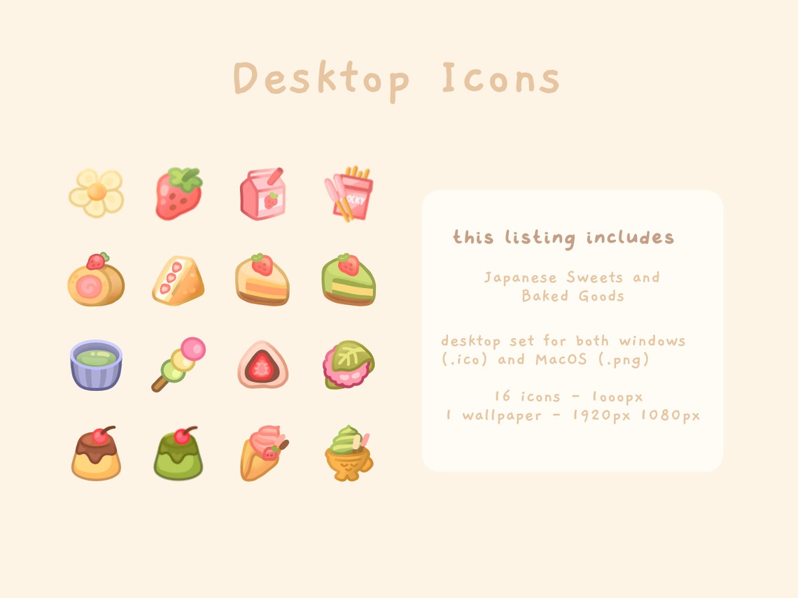 Cute Desktop Set 16 Icons Wallpaper Japanese Sweets - Etsy