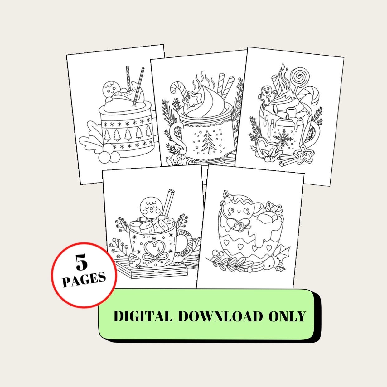 Hot Cocoa Christmas Printable Coloring Pages, Gingerbread Man, Digital ...