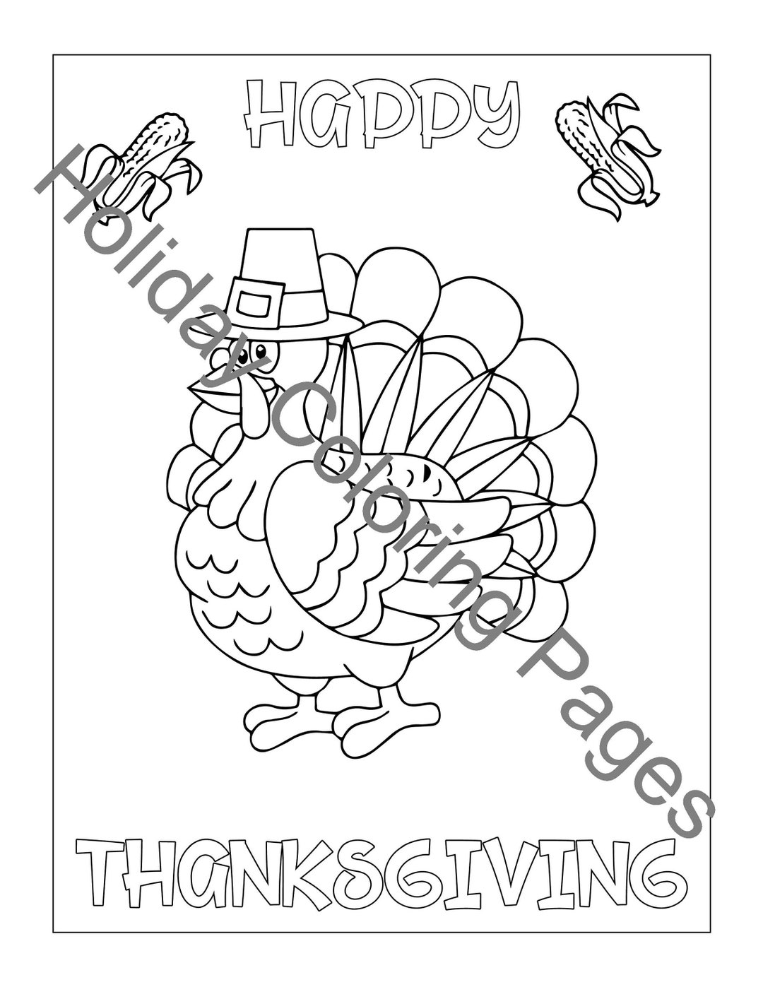 Happy Thanksgiving Turkey in a Pilgrim Hat Coloring Page - Etsy