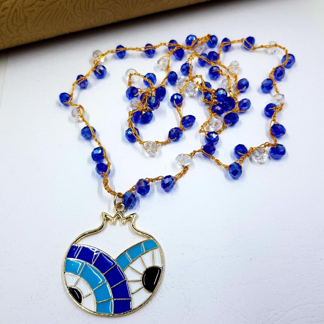Pomegranate Greek Evil Eye Protection Enamel Pendant Necklace, Long ...