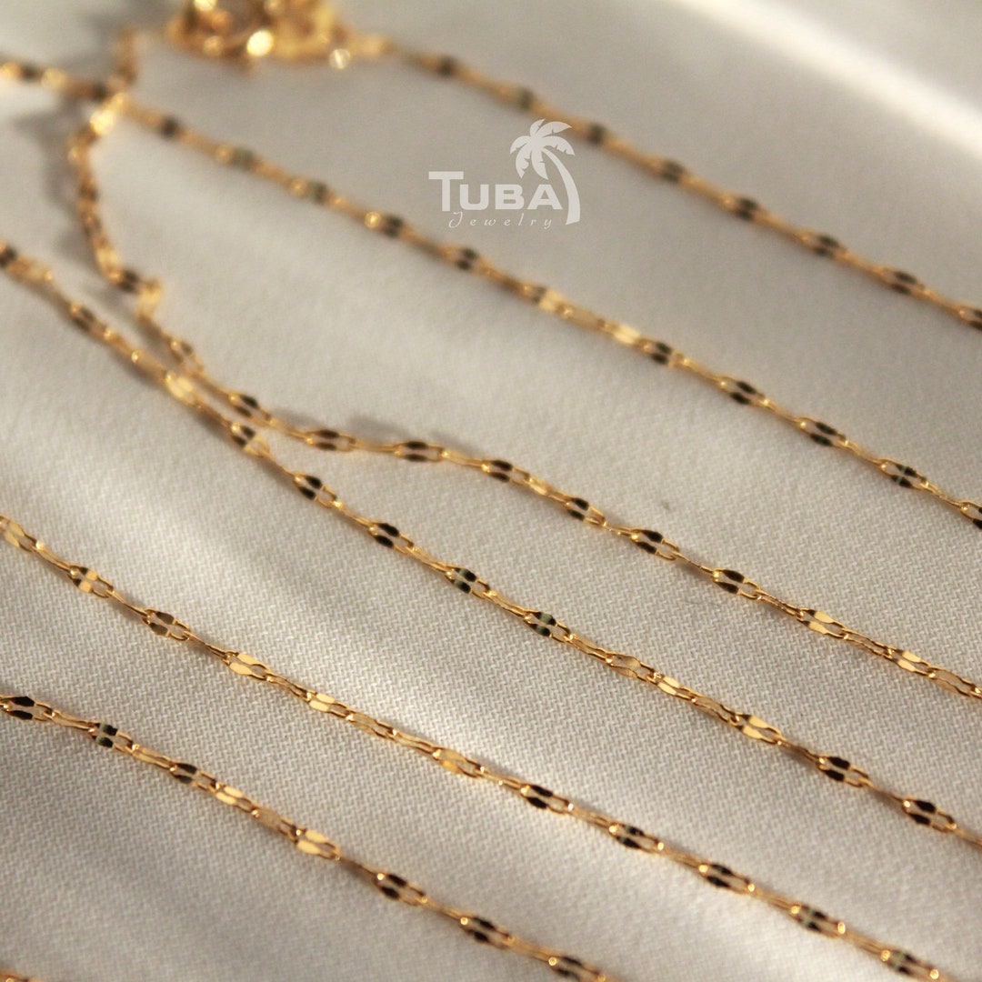 14K Solid Gold Mirror Chain Necklace, Glitter Chain Necklace, Sparkle ...