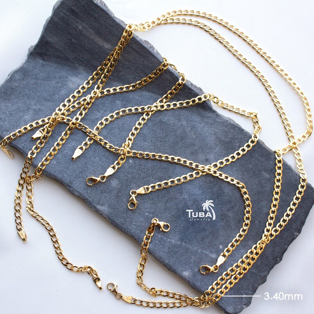 14K Gold Cuban Link Chain Necklace, 14K Real Gold Chain, 2.6mm, Curb ...
