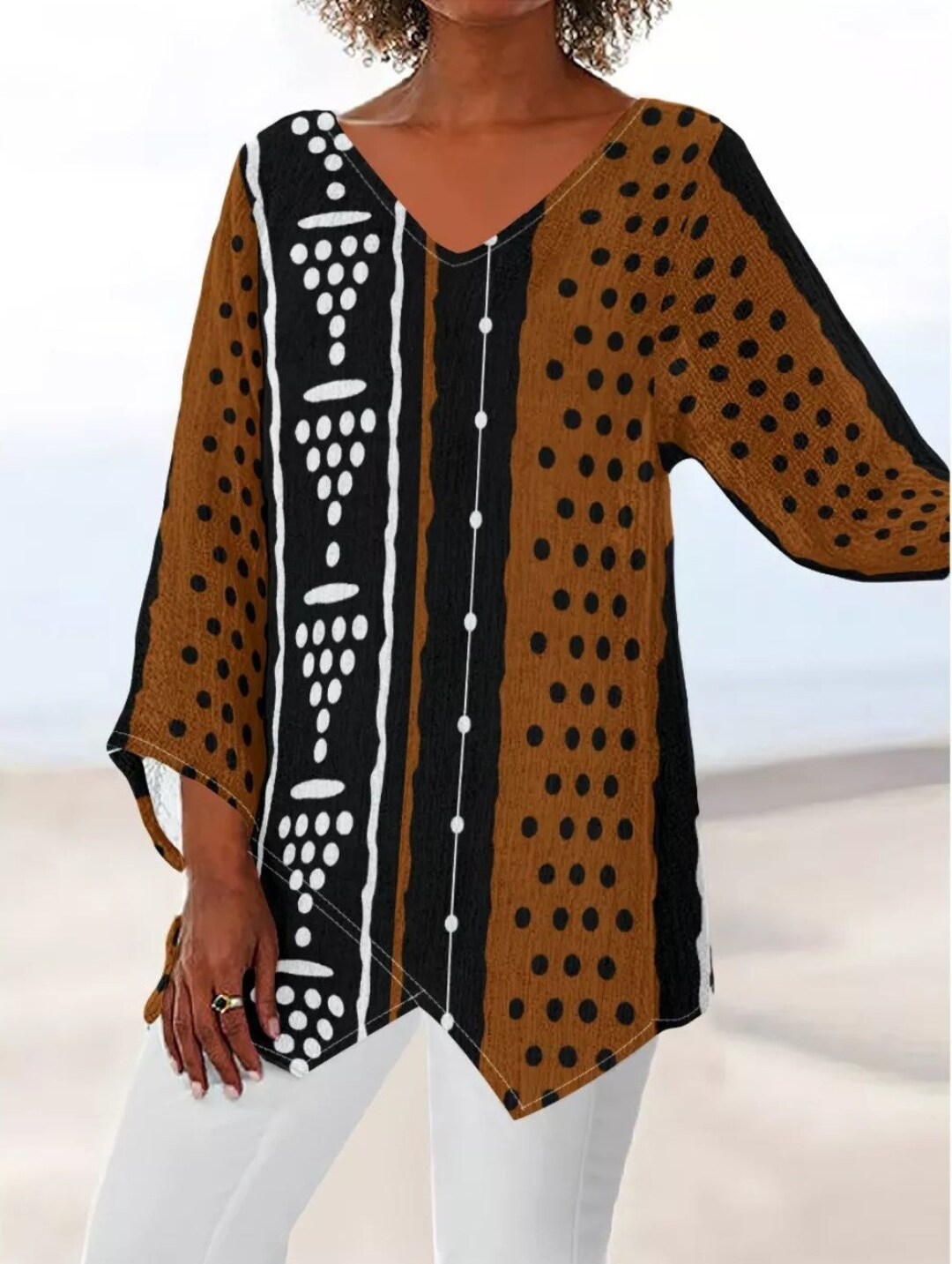 African Printed Bogolan Design Thin Women's V-neck Top - Not Mud Cloth ...