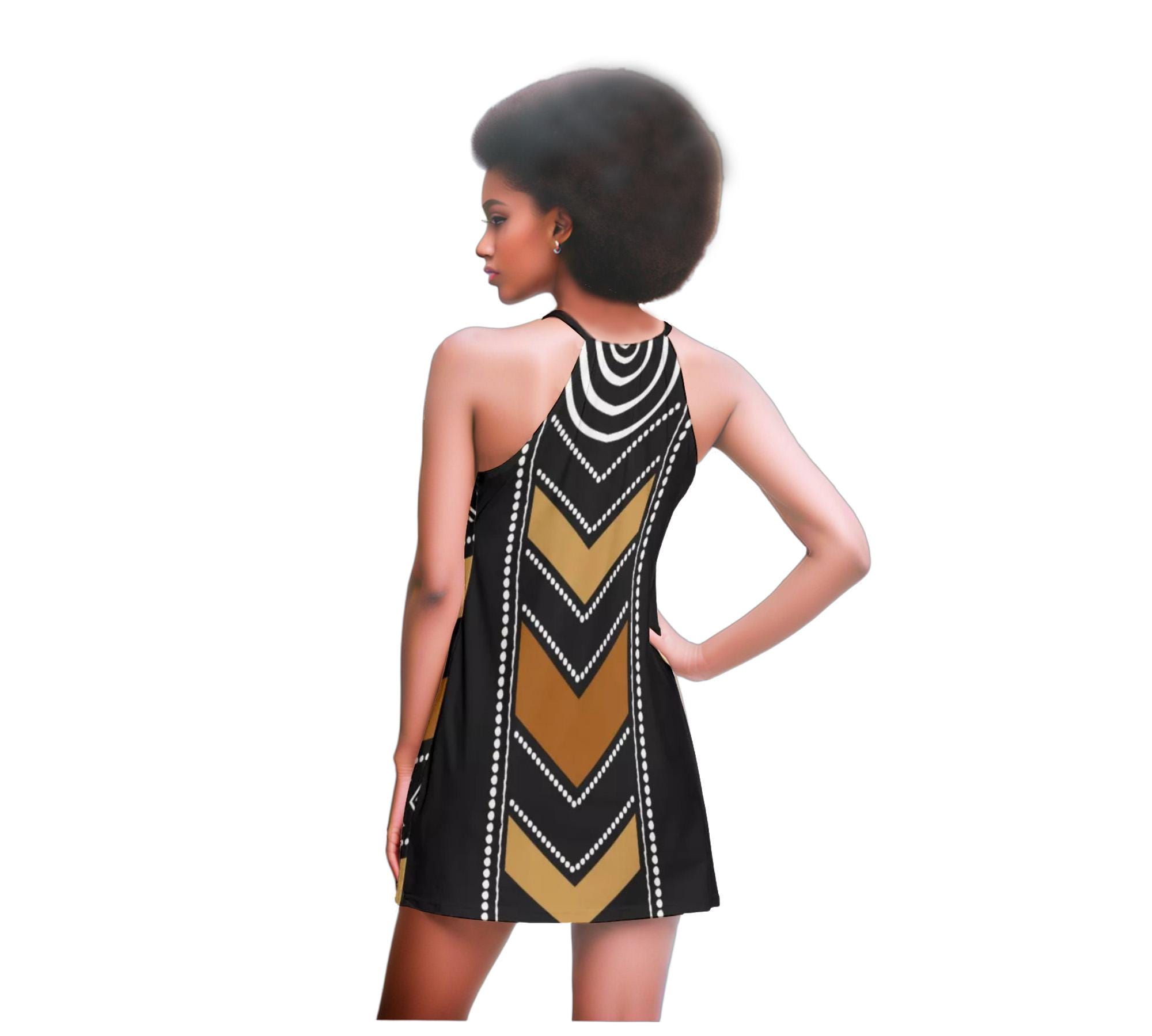 Printed Charming Dress With Metal Half Moon Neck Ring and African Mud ...