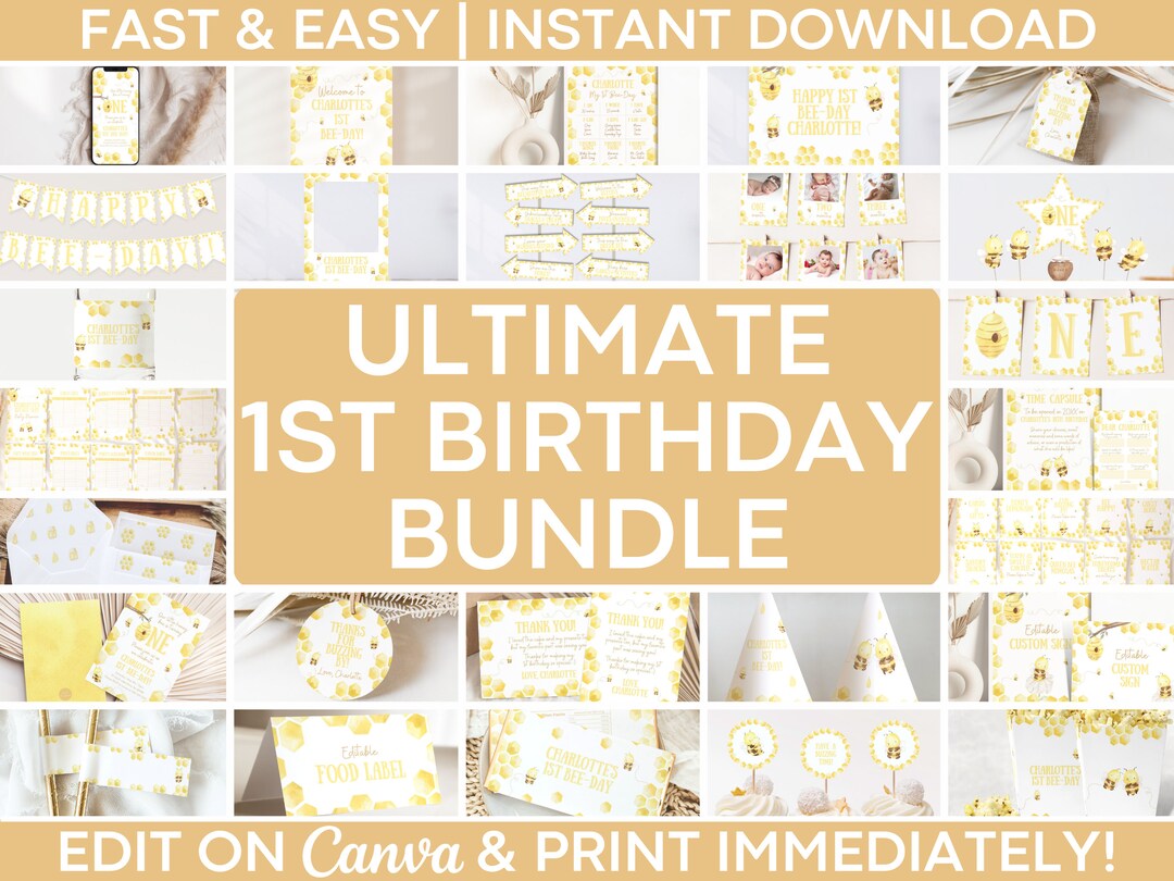 Editable Bee Birthday Decorations Bundle, First Bee Day Decorations ...