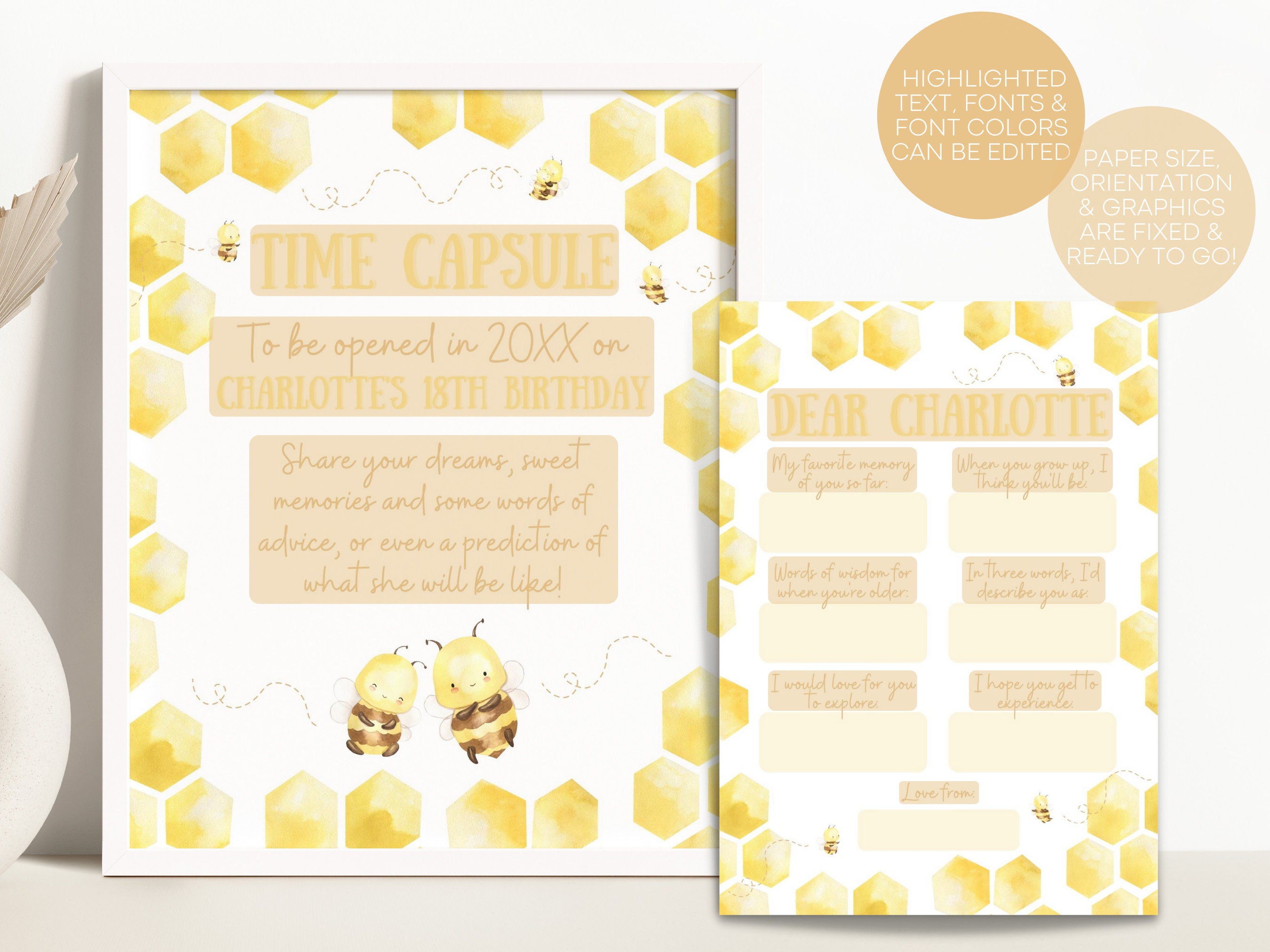 Editable Bee Time Capsule, Time Capsule First Birthday, Time Capsule Sign Template, Party Guest ...