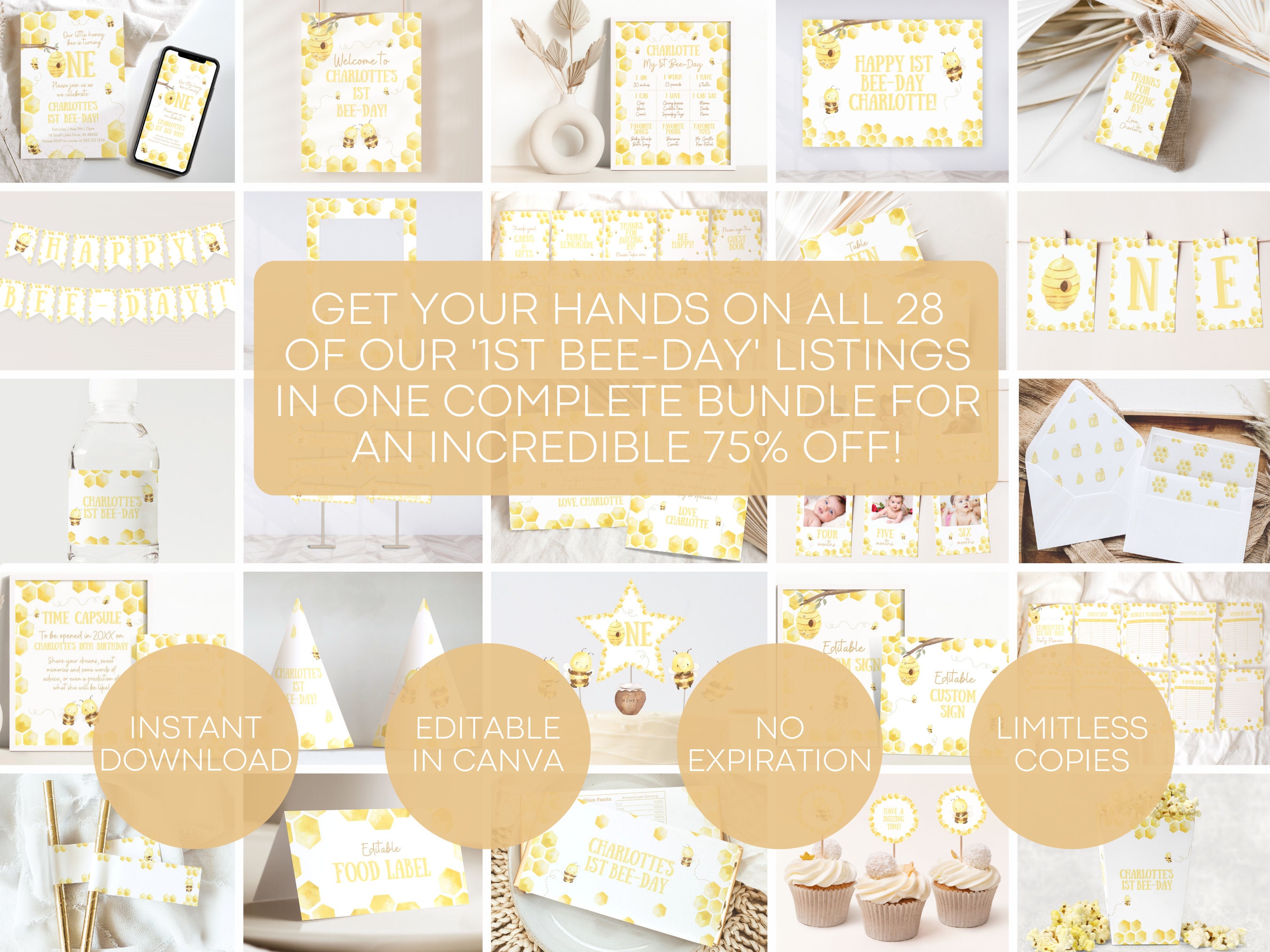 Editable Bee Birthday Decorations Bundle First Bee Day | Etsy UK