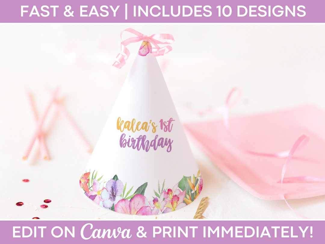 Editable Luau Party Hats, Hawaiian Birthday Party Hat, Party Hat ...