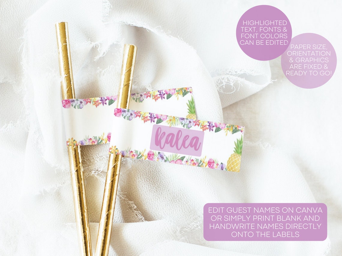 Editable Luau Straw Topper, Hawaiian Birthday Straw Label, Straw Topper ...