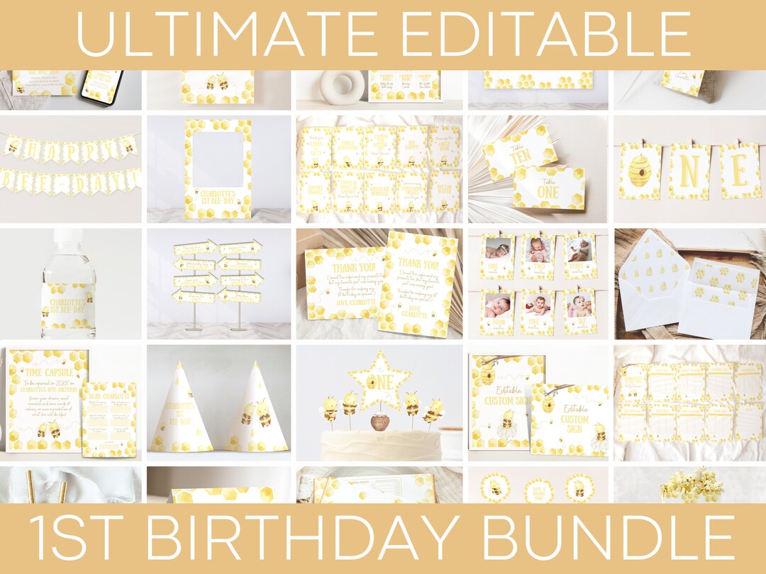 Editable Bee Birthday Decorations Bundle, First Birthday Decorations ...