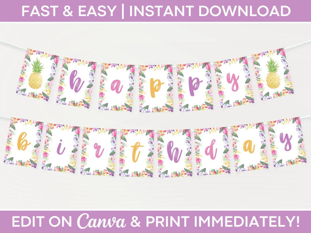 Editable Luau Birthday Banner, Tropical Birthday Banner, Birthday ...