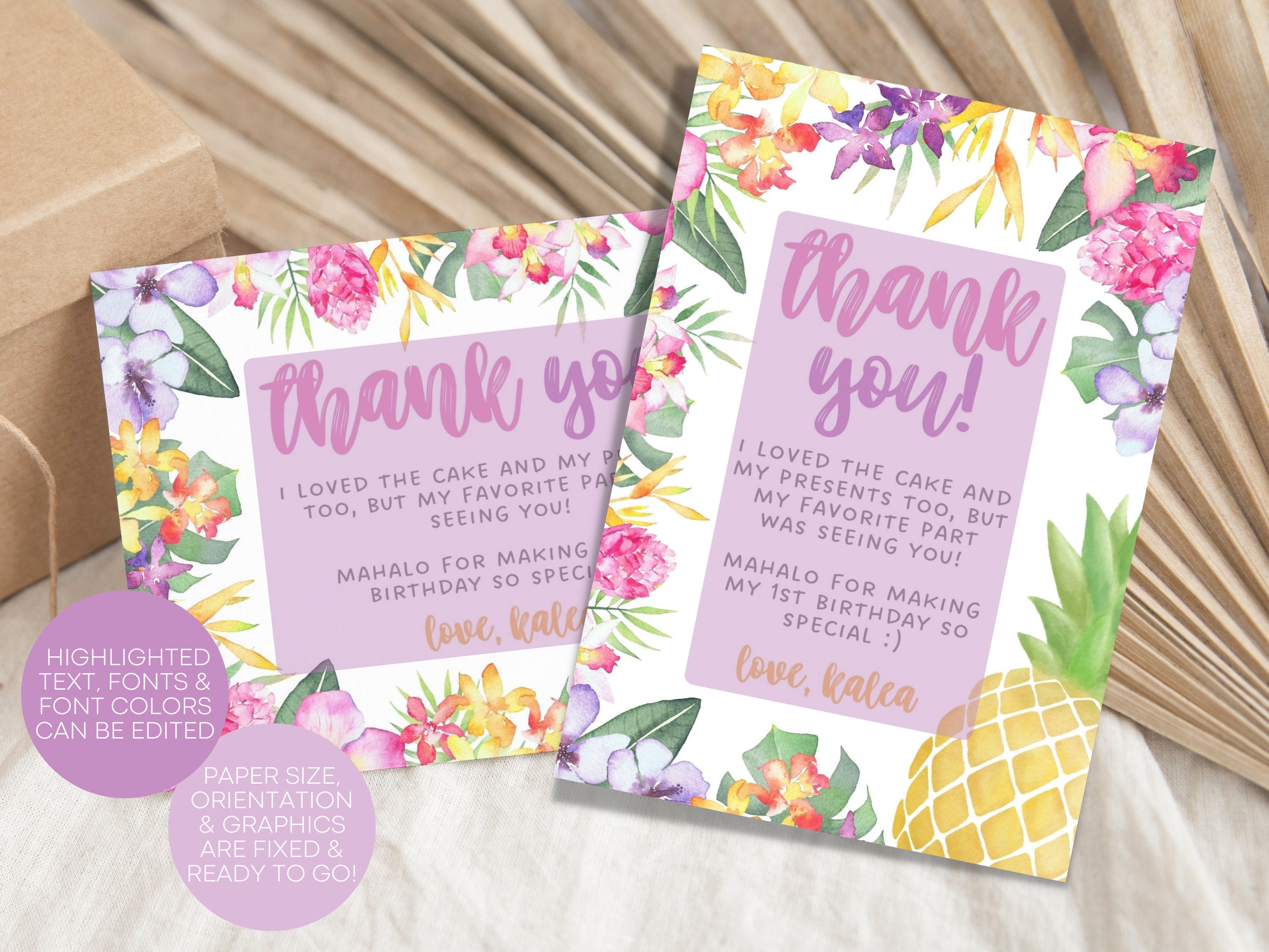 Editable Hawaiian Thank You Cards, Tropical Thank You Cards, Thank You ...