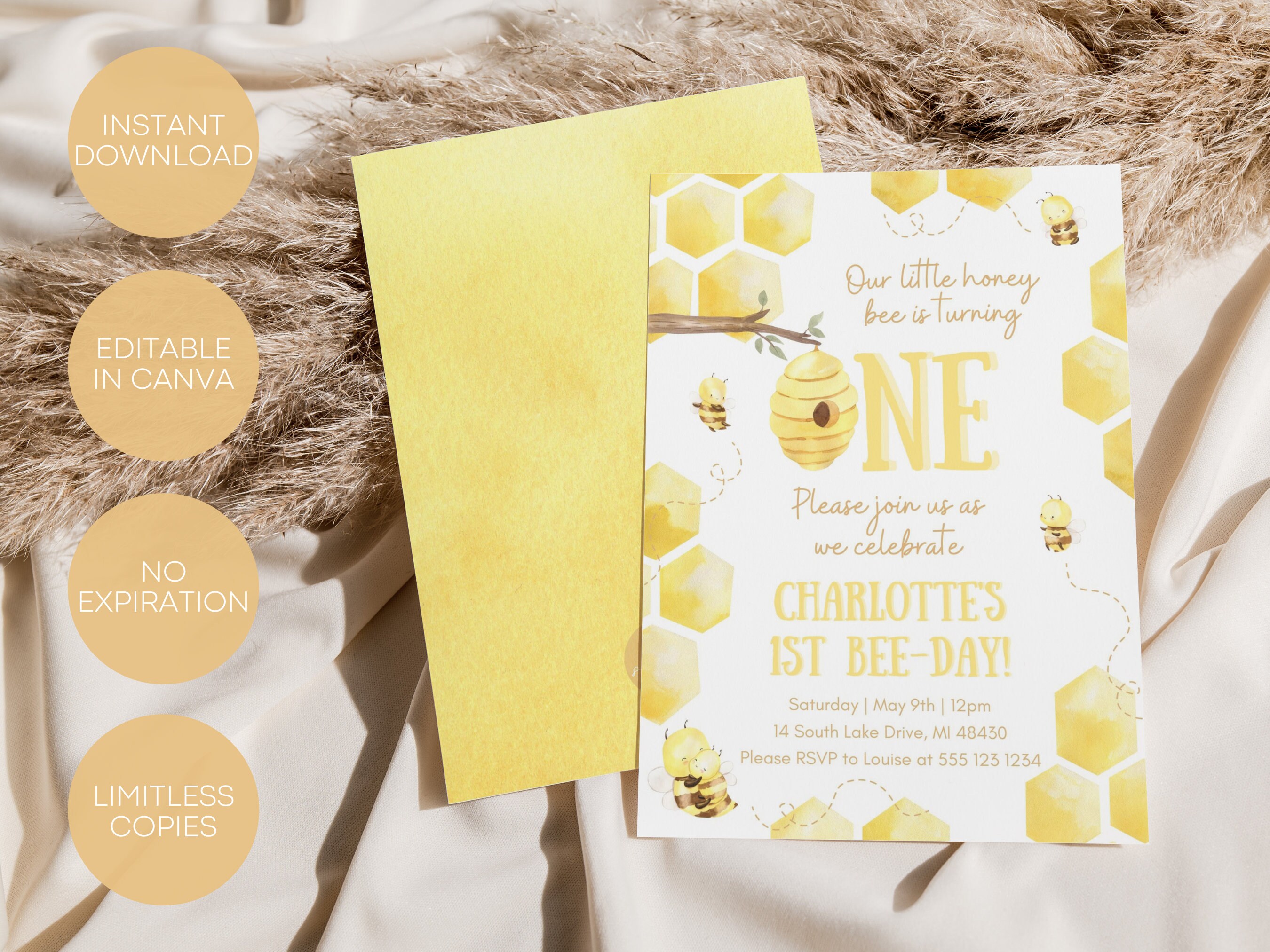 Editable Bee Invitation, Bee Day Party Invitation, 1st Bee Day Invite ...