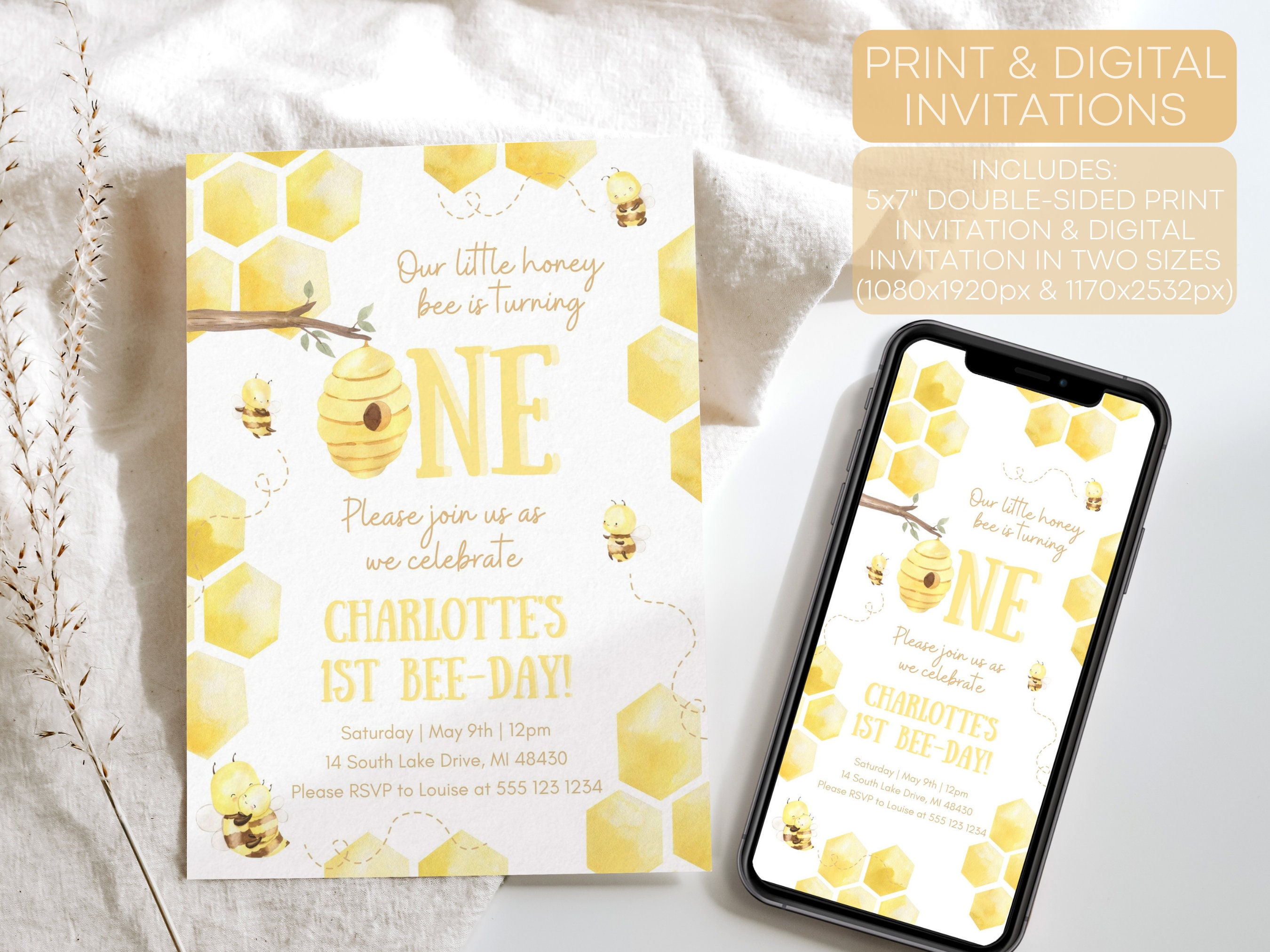 Editable Bee Invitation Bee Day Party Invitation 1st Bee Day - Etsy