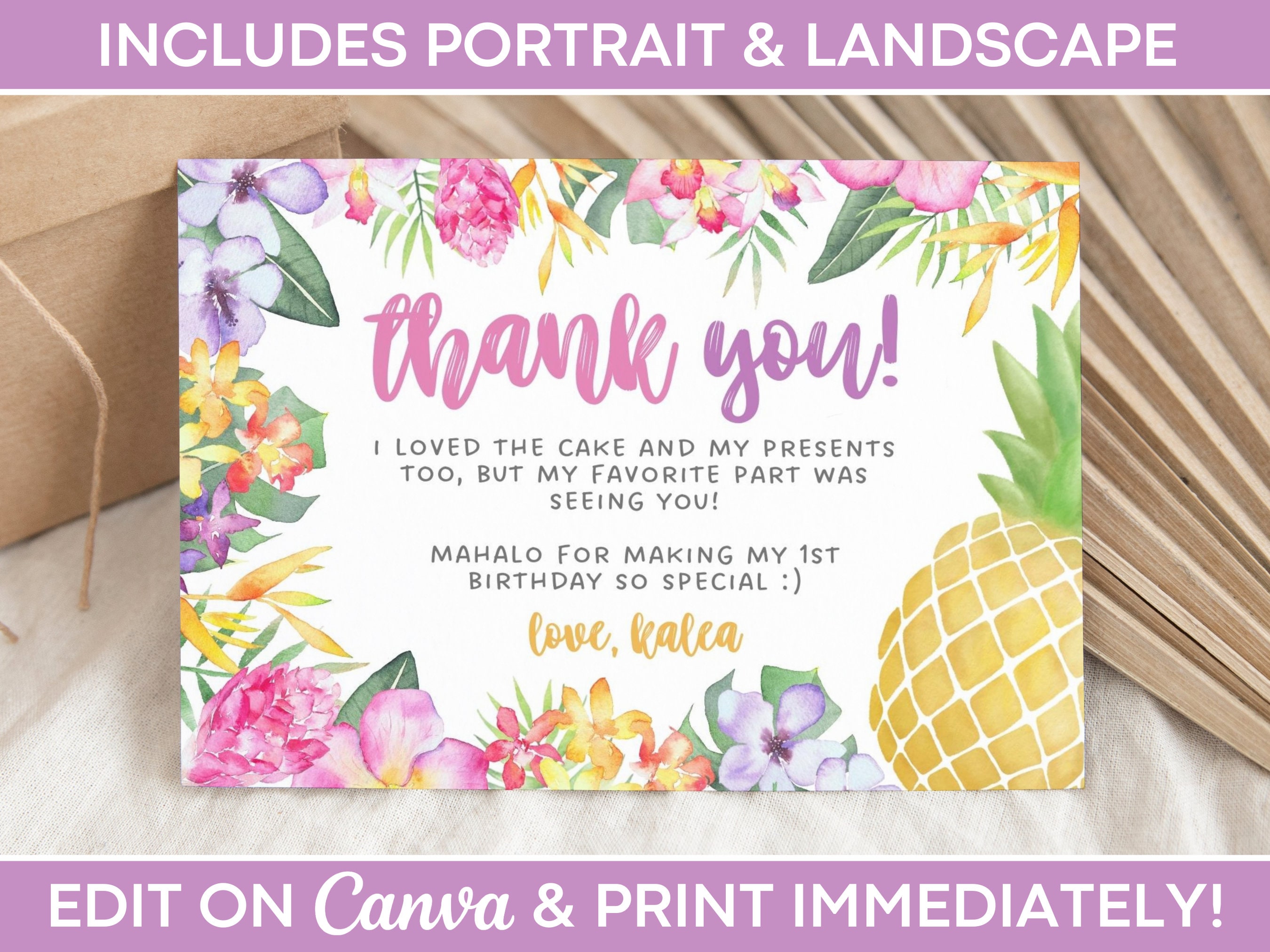 Editable Hawaiian Thank You Cards, Tropical Thank You Cards, Thank You ...