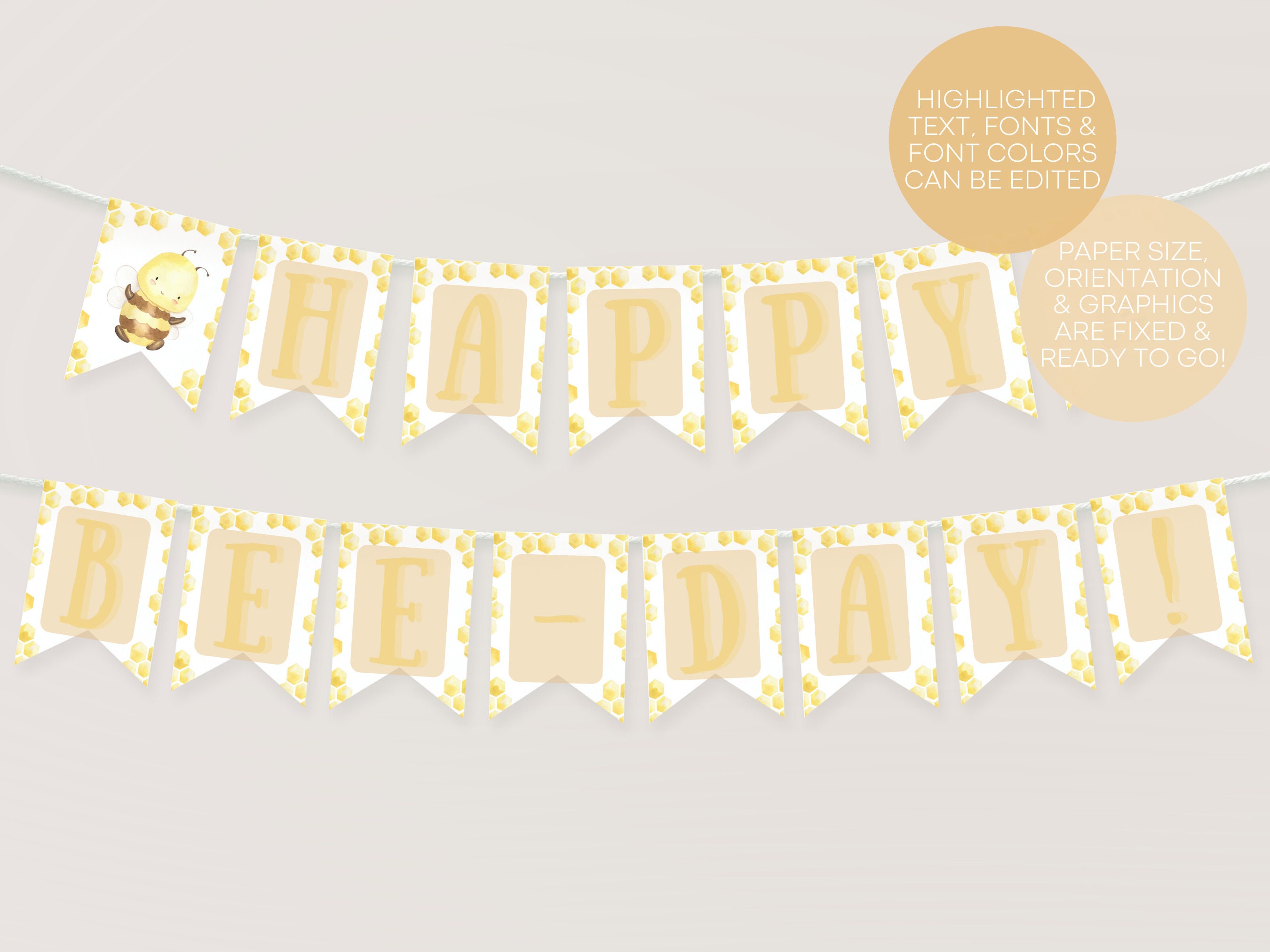 Editable Bee Birthday Banner, Birthday Bunting, Happy Birthday Banner ...