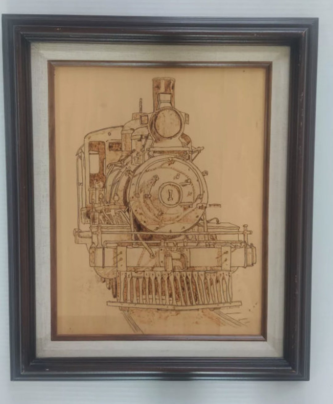 Vintage Antique Pyrography Train Locomotive Wall Original Art Framed ...