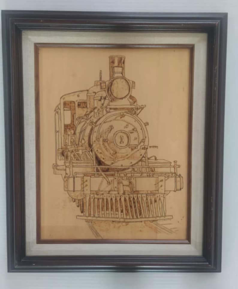 Vintage Antique Pyrography Train Locomotive Wall Original Art Framed ...
