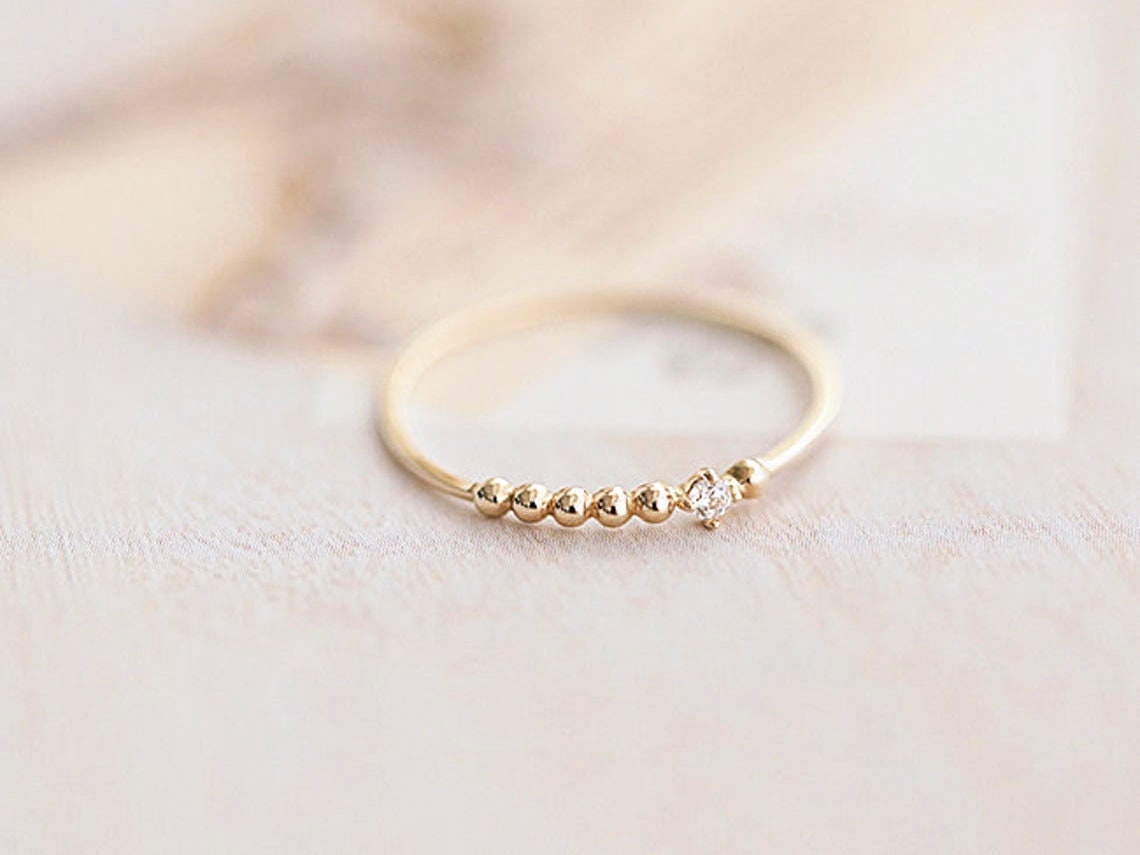 10K Solid Gold Tiny Diamond Half Beaded Dainty Ring Dottie | Etsy