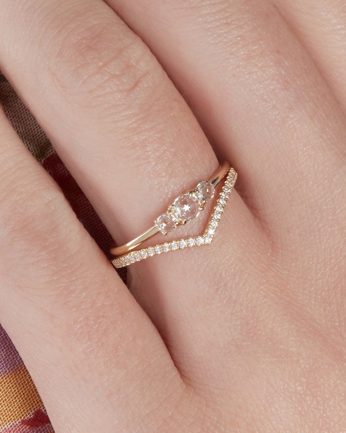 Chevron Delicate Inset Moissanite 10K Solid Gold Minimalist - Etsy