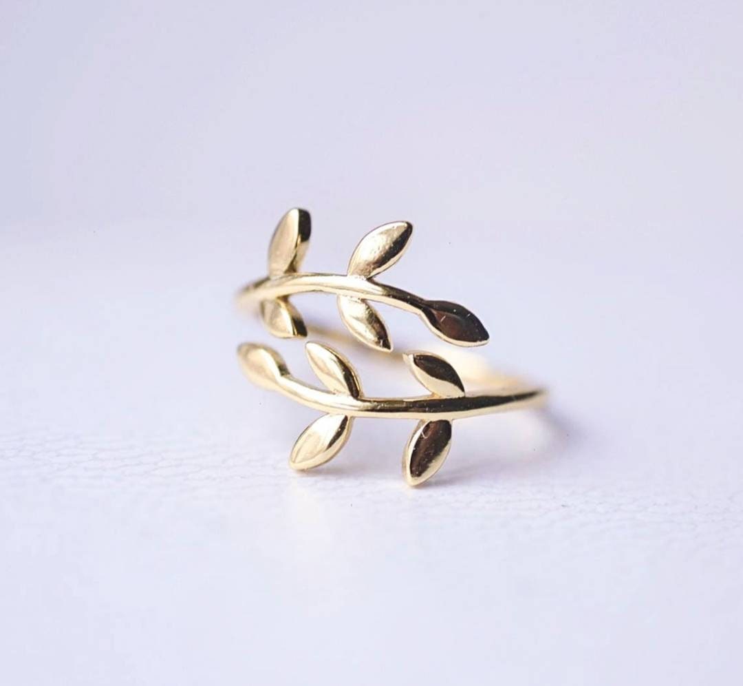10K Solid Gold Tiny Leaf Adjustable Ring Handmade Delicate Stacking ...