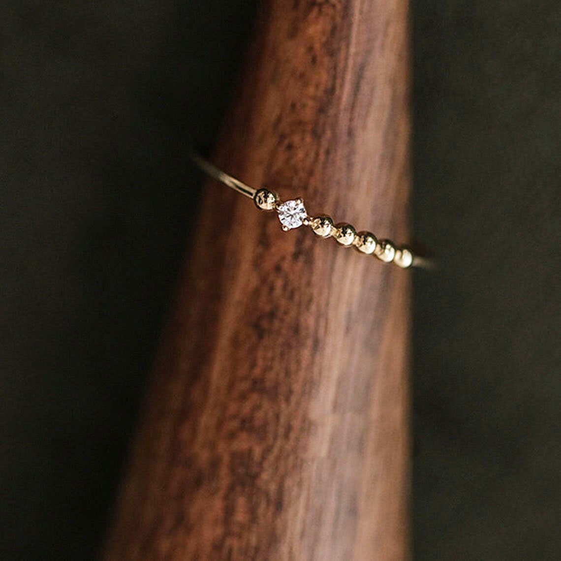 10K Solid Gold Tiny Diamond Half Beaded Dainty Ring Dottie | Etsy