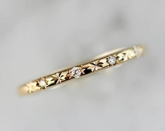 10K Solid Gold Diamond Starburst Wedding Band , Eternity Diamond Band ...