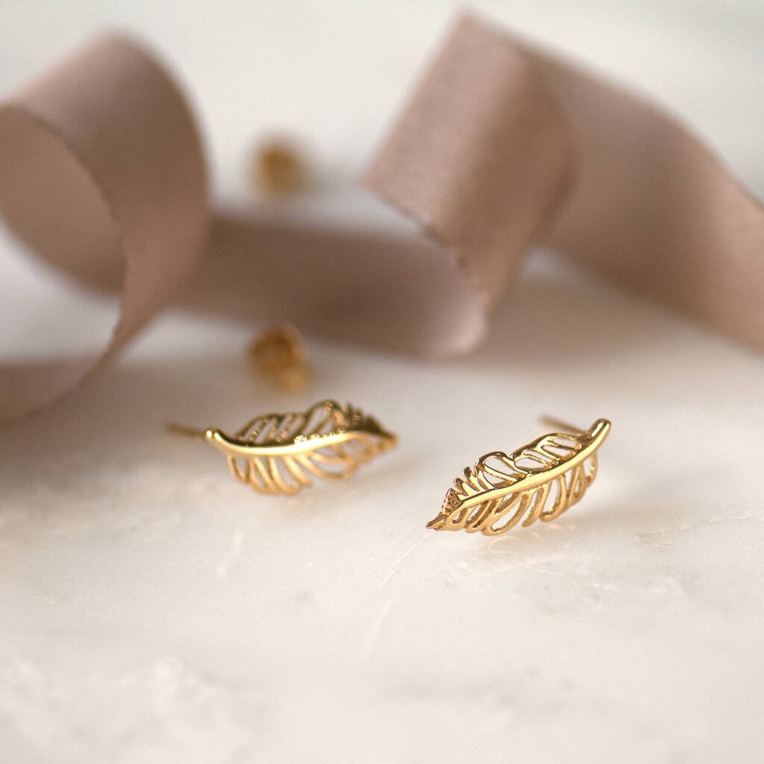 Delicate Feather Stud Earrings 10K Solid Gold Minimal Feather Post ...