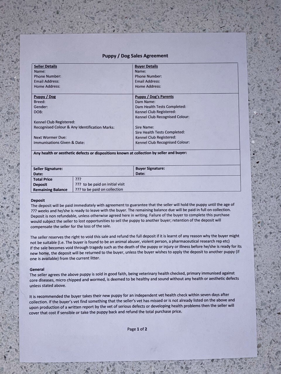 Puppy/dog Agreement of Sale / Selling Agreement for Buyer and Seller ...