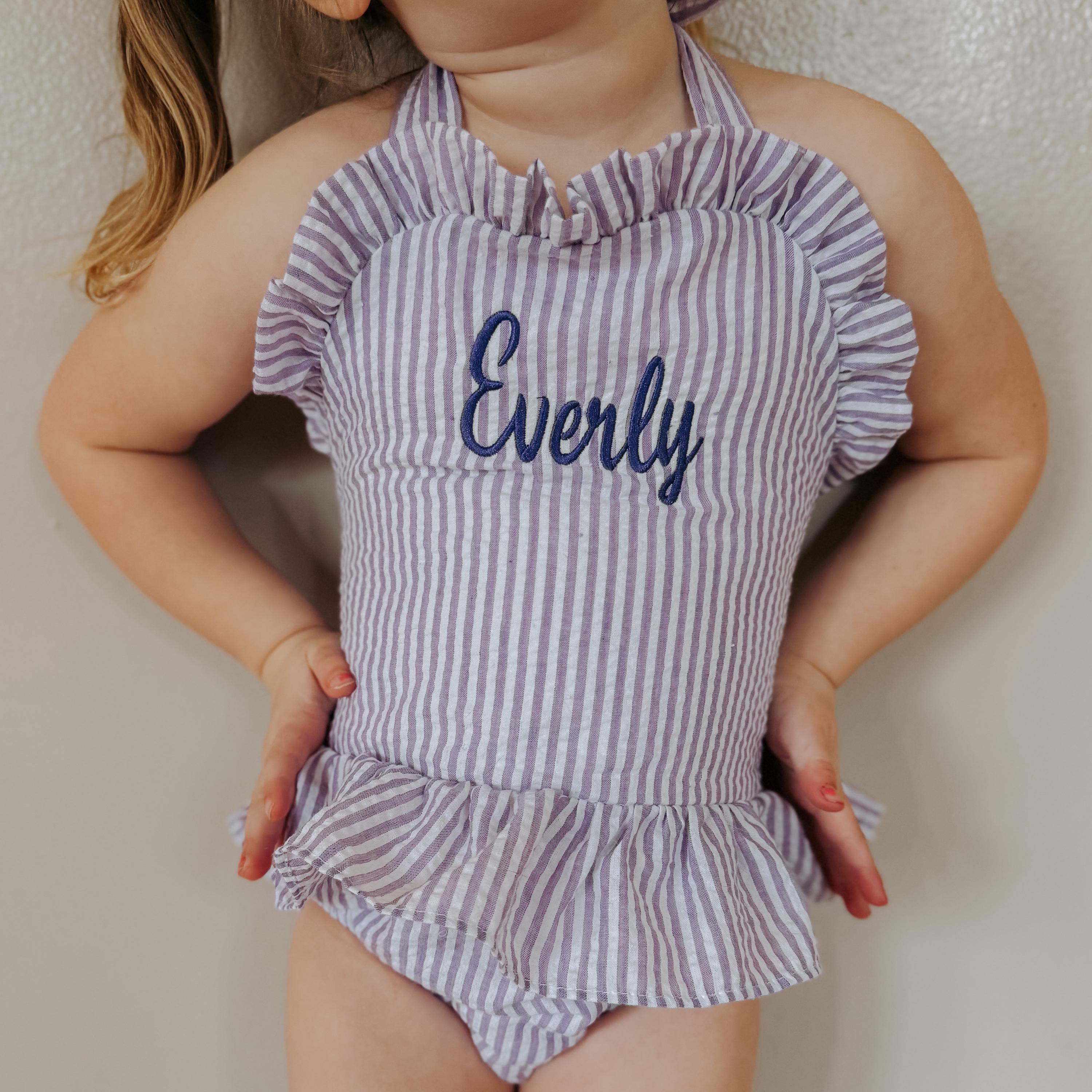 Personalized Seersucker Swimsuit | Custom Name Baby Girl Swimsuit ...