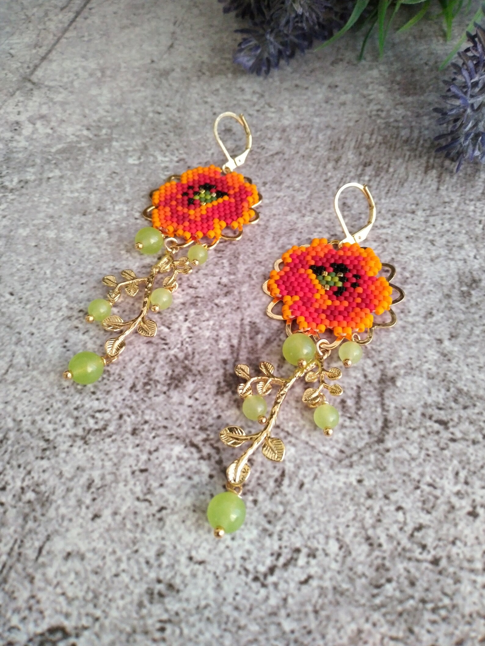Ethnic Style Beaded Mosaic Earrings Long Chandelier Earrings Flower ...