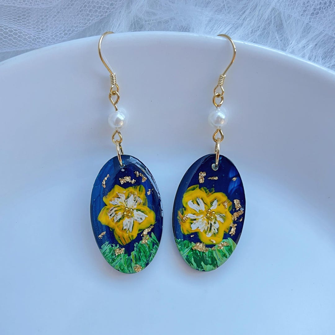 Vintage Hand Painted Yellow Flower Earrings, Floral Resin Dangle ...