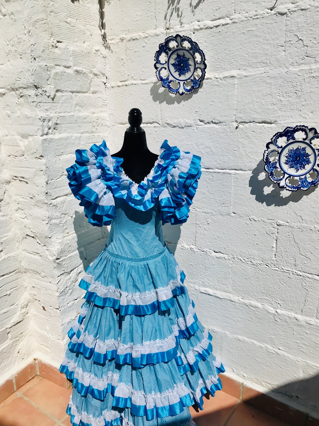 Vintage Flamenco Dress: Blue Polka Dot Feria Gitana, Waist 24" - Etsy