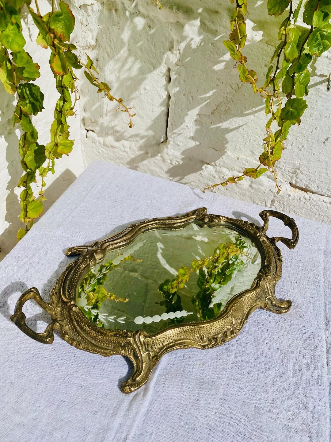 Antique Mirrored Tray, Bronze, Etched Glass, French, Display, Centre ...