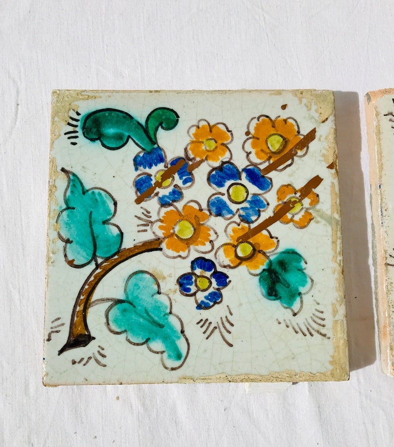 3 Antique Hand Painted Spanish Tiles, Floral Flowers Talavera, Malibu ...