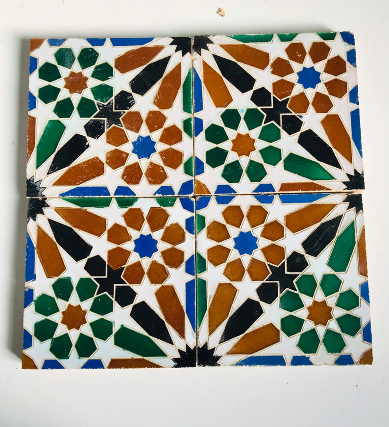 4 ANTIQUE CERAMIC TILES, Spanish Talavera Alhambra Mensaque Rodríguez ...