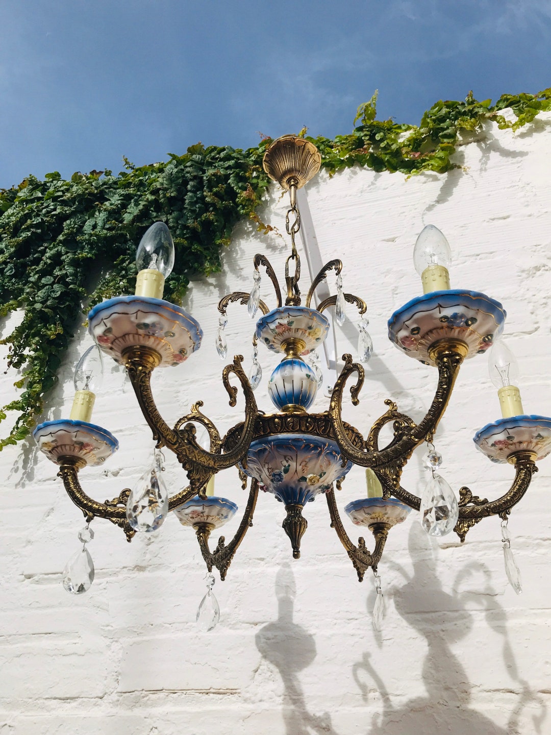 Antique BLUE Capodimonte Chandelier, Candle, Bronze Arms, Crystals ...