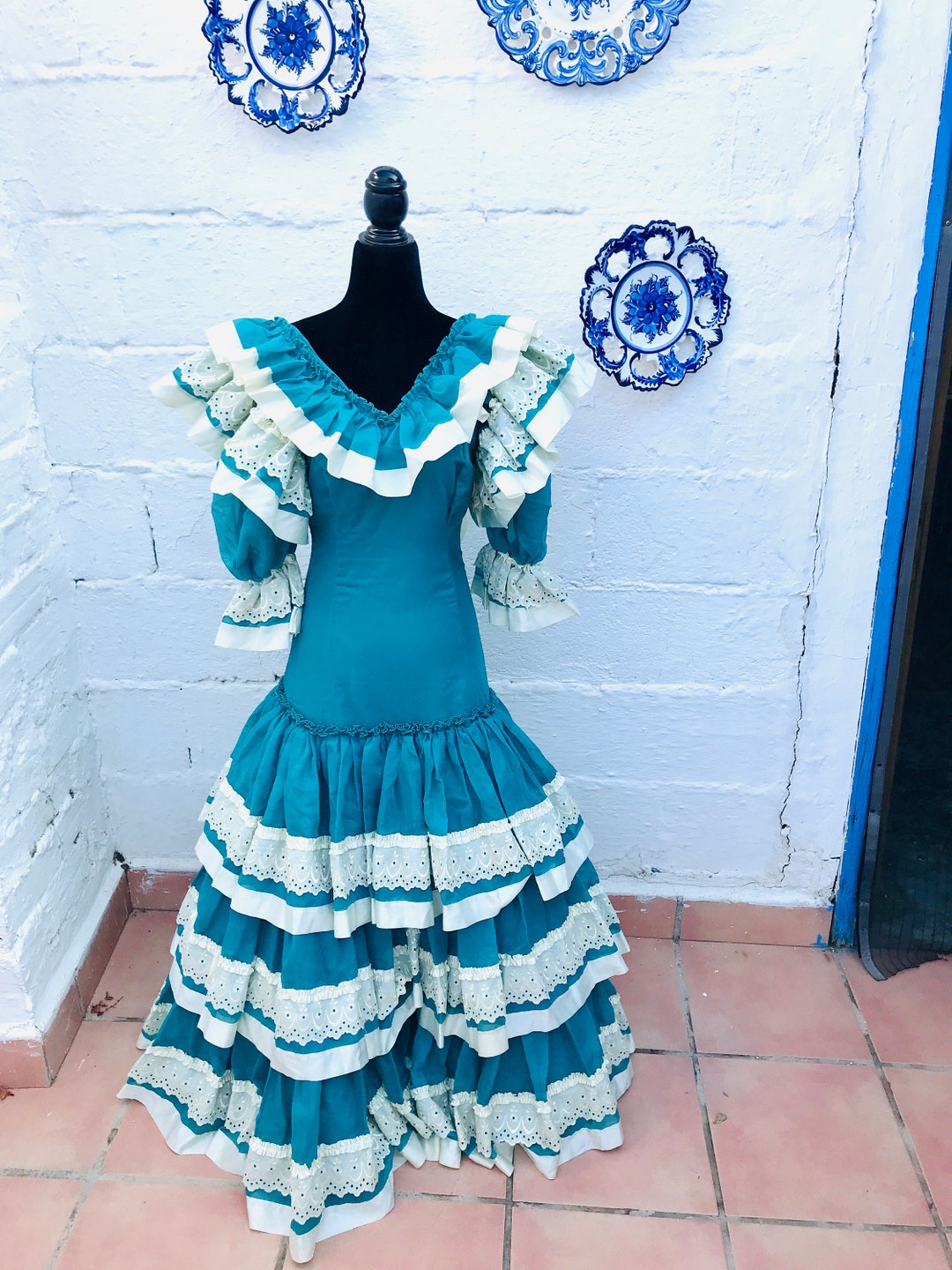 Waist 26" Vintage Authentic Flamenco Dress Gypsy Frida Cosplay, Blue 3/ ...