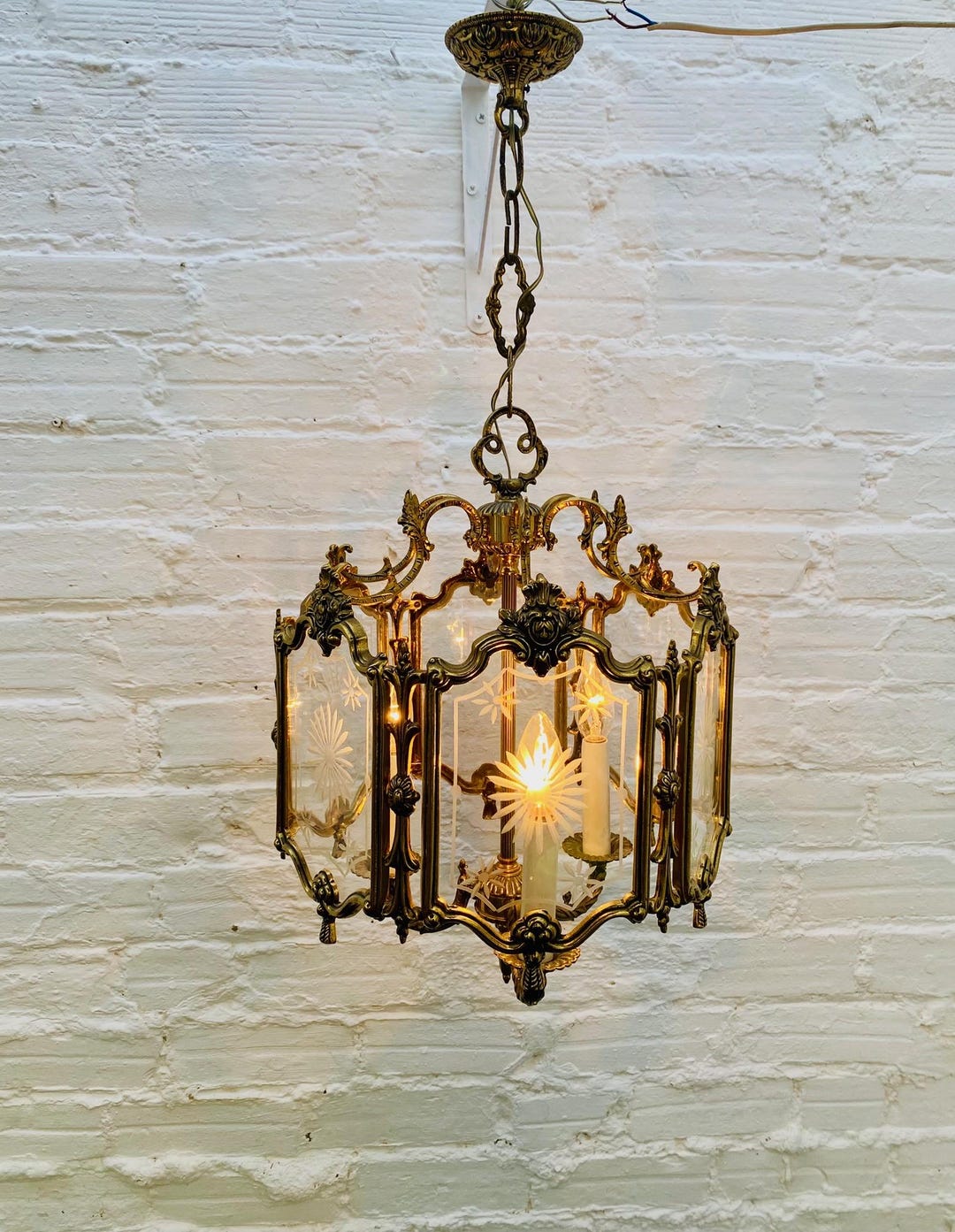 Antique Bronze Spanish Lantern: Etched Glass Foyer Hall Light (31" X 13 ...