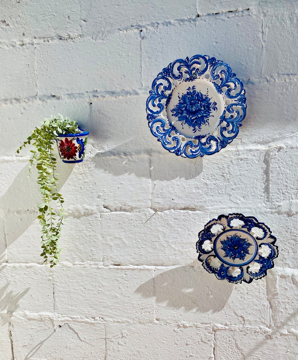 Spanish Talavera Pottery Wall Hanging Ceramic Planter Floral Spain Blue ...