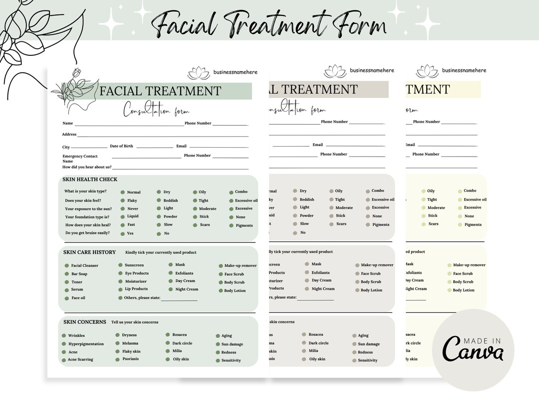 Editable Facial Treatment Form Editable Spa Form Skincare - Etsy UK