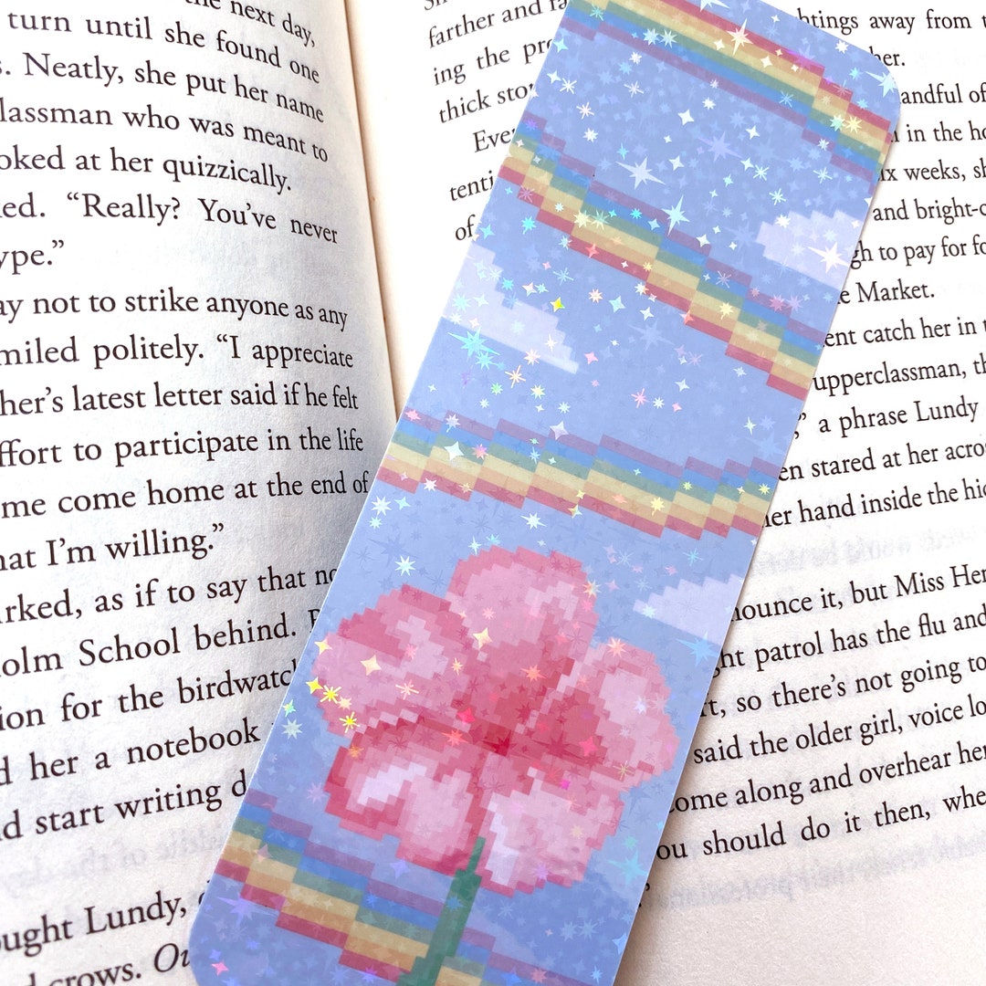 Pixel Art Pink Flower Rainbow Holographic Bookmark, Handmade Laminated ...